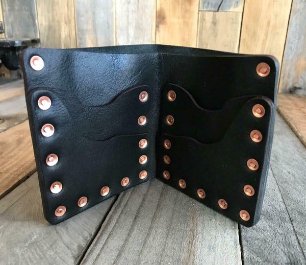 "Riveter" Men's Black Leather Bifold Wallet Copper Rivets– Mother Road ...
